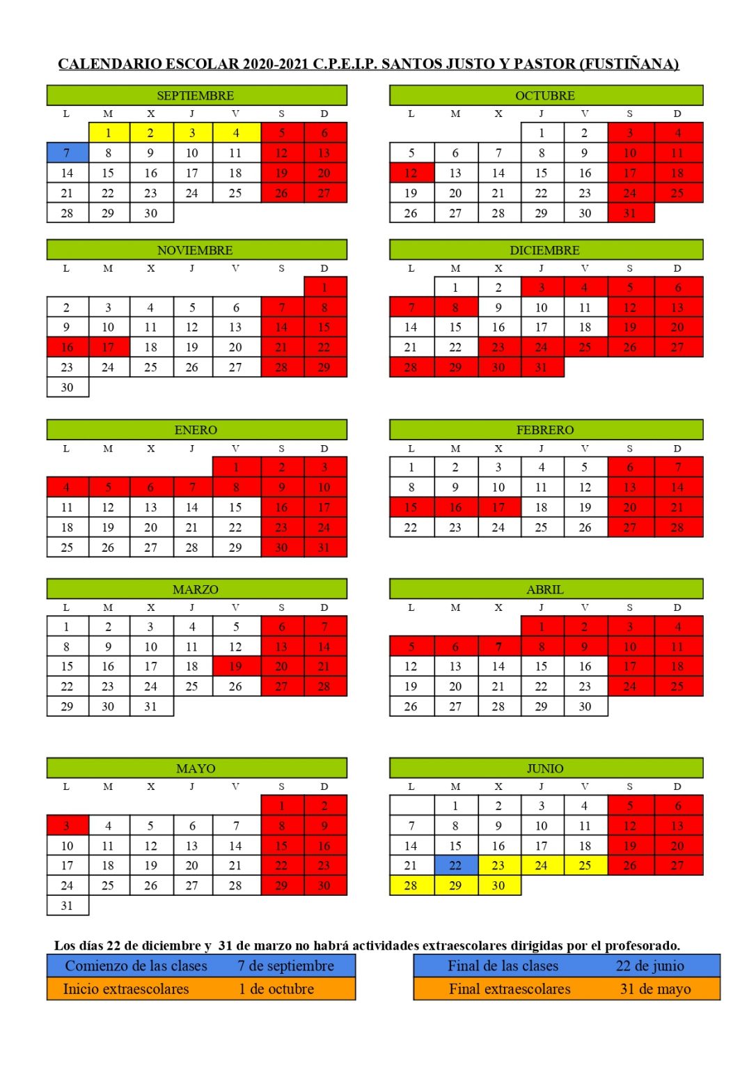 CALENDARIO ESCOLAR 2020-2021